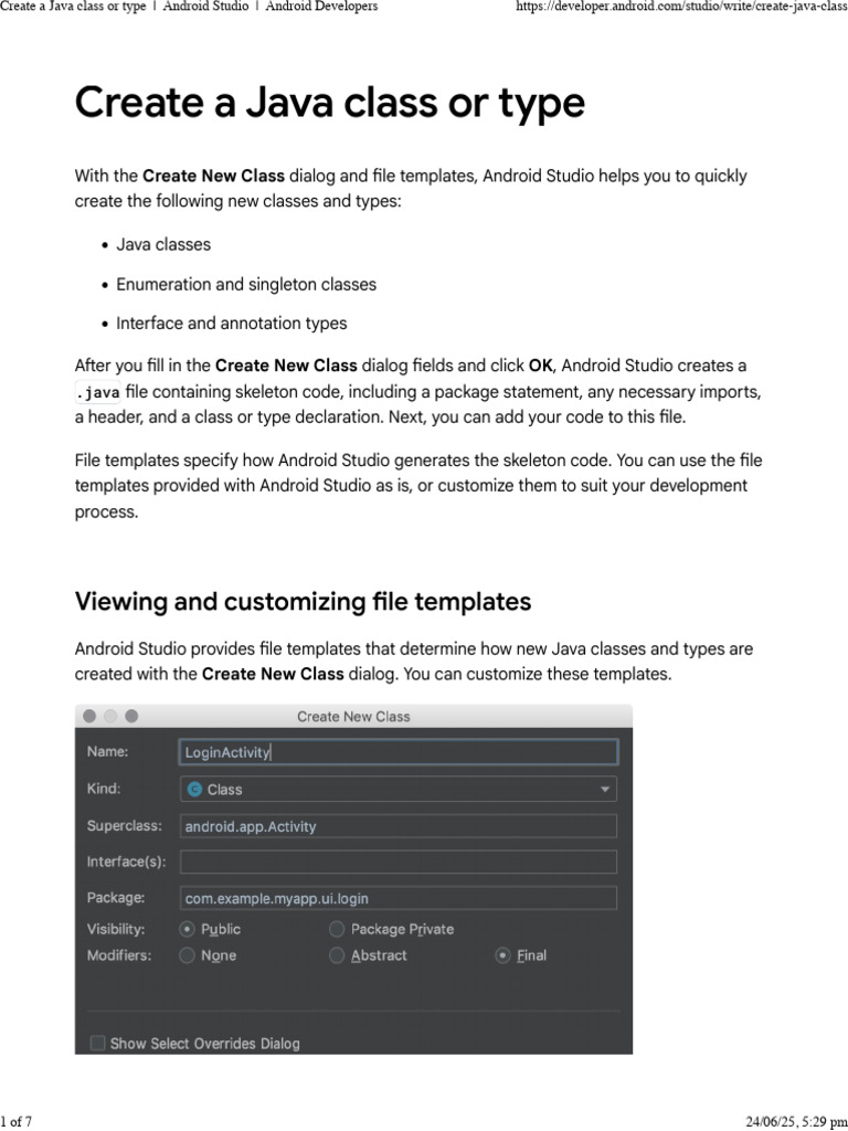 Create A Java Class or Type - Android Studio - Android Developers | PDF | Class (Computer ...
