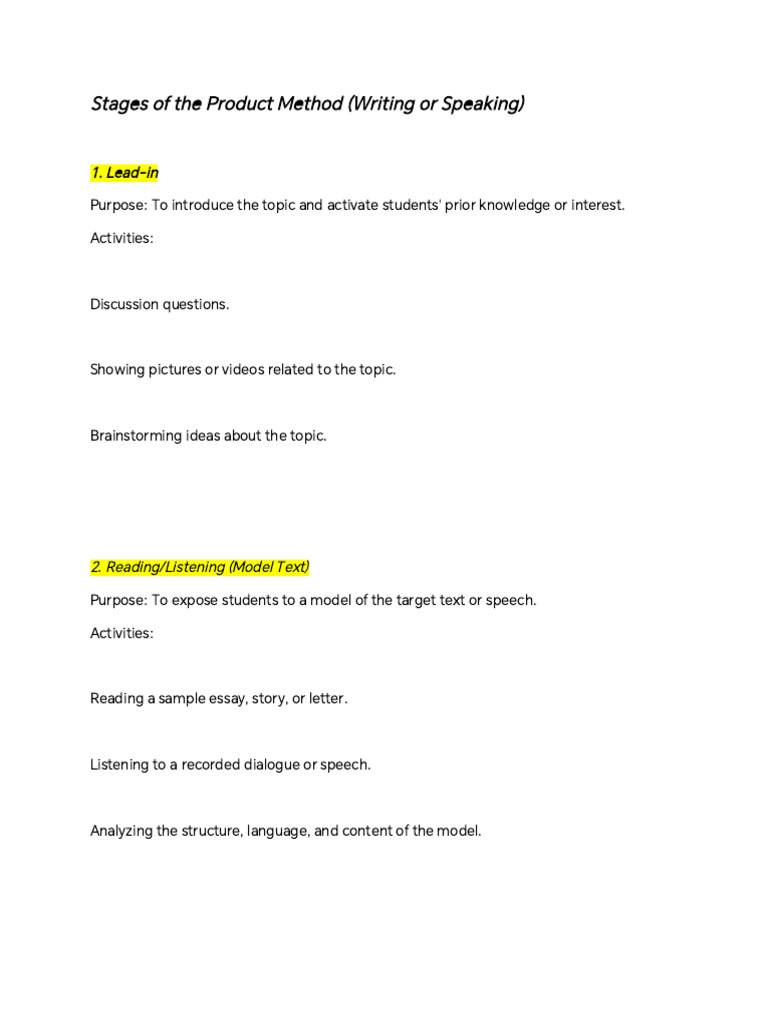 Product Method Stages for Writing/Speaking | PDF | Speech | Vocabulary