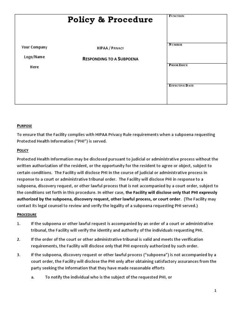Sample Subpoena Policy - HIPPA-PHI | PDF | Health Insurance Portability ...