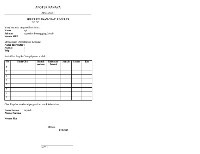 CONTOH Surat Pesanan Obat REGULER | PDF
