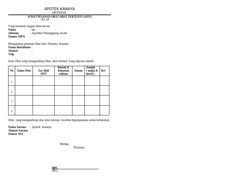 Form Surat Pesanan Obat Obat Tertentu (OOT) | PDF