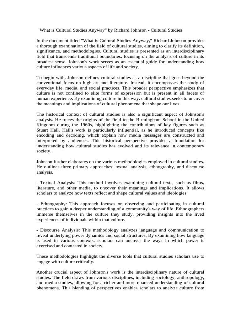 Understanding Cultural Studies Today | PDF | Cultural Studies | Ethnography