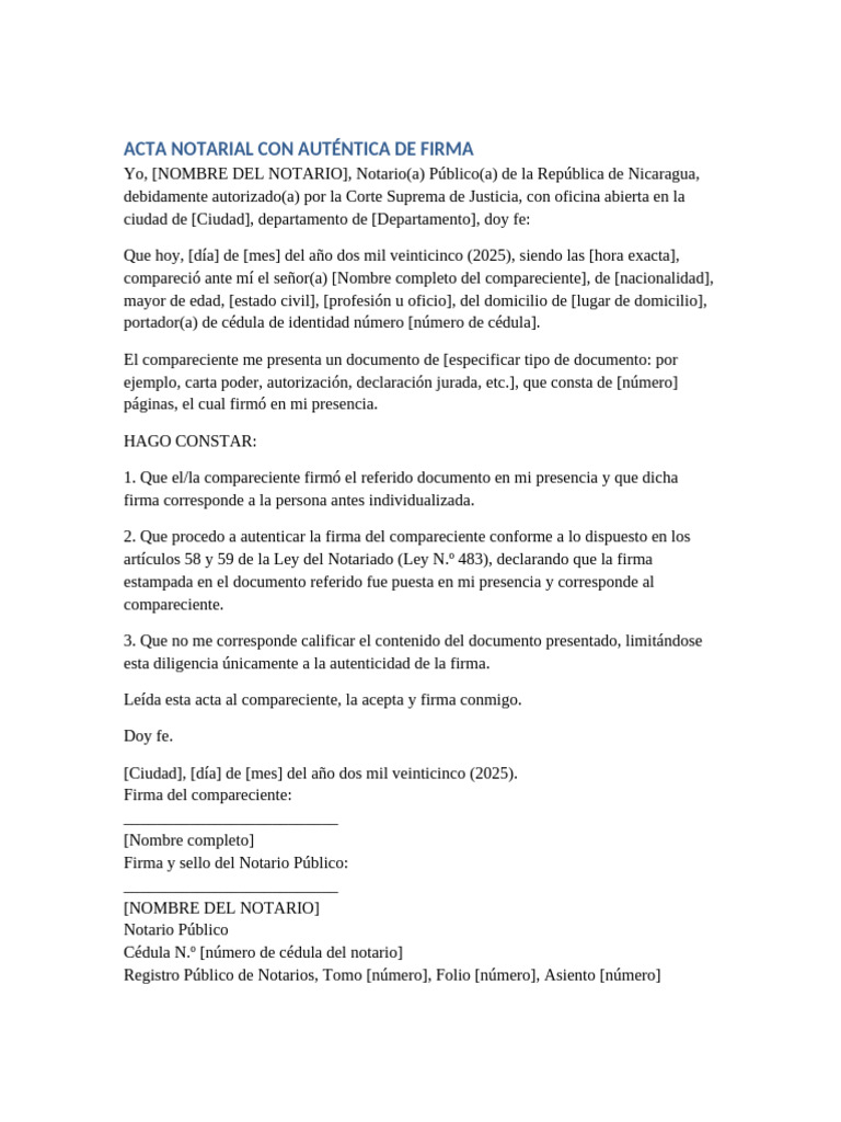Acta Notarial Autentica de Firma | PDF