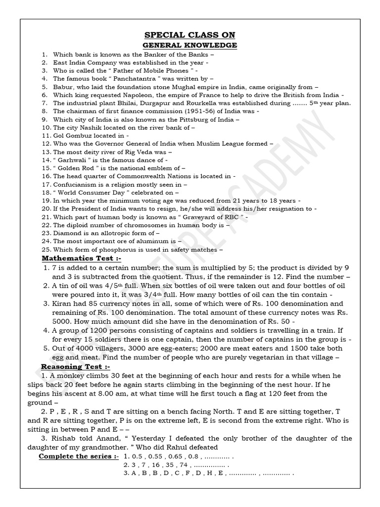 General Knowledge One Liner Questions | PDF