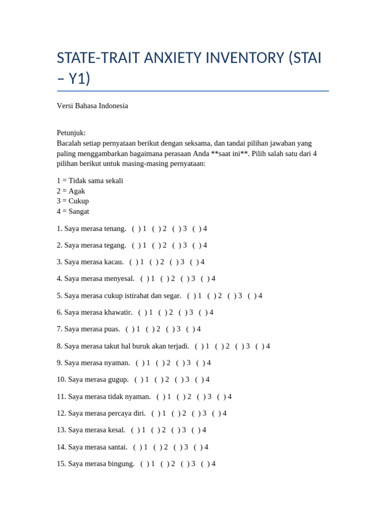 Kuesioner STAI-Y1 untuk Kecemasan | PDF