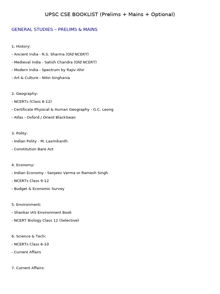 UPSC CSE Booklist With Optional Geography History Maths | PDF | Mathematics