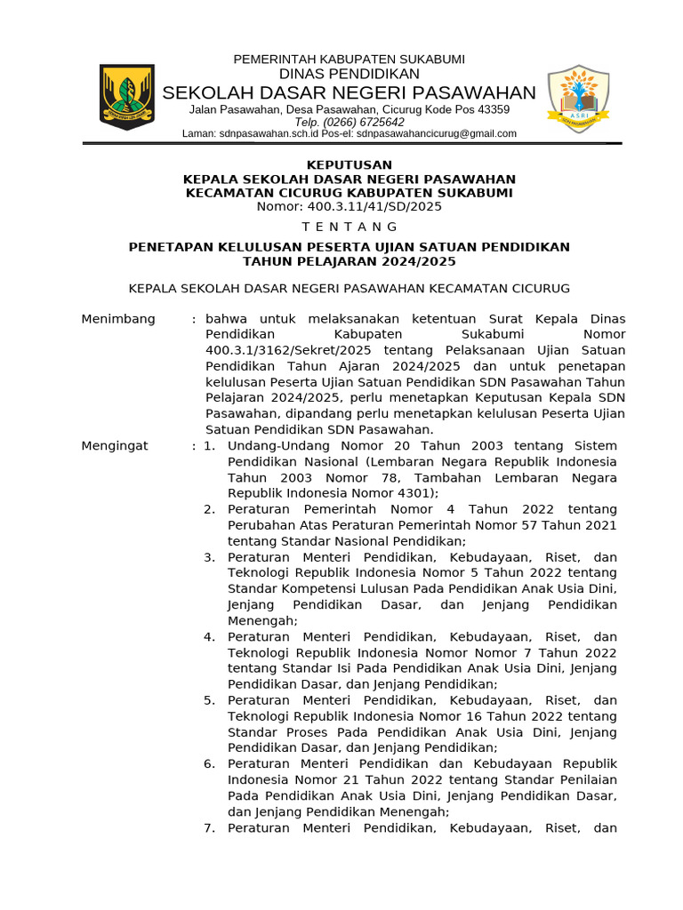 SDN Pasawahan - SK Kelulusan Usp 2025 | PDF