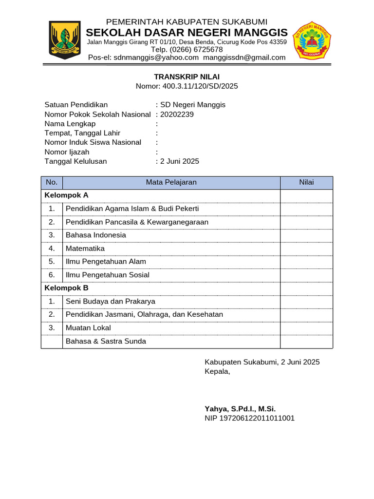 SDN Manggis - Transkrip Nilai | PDF