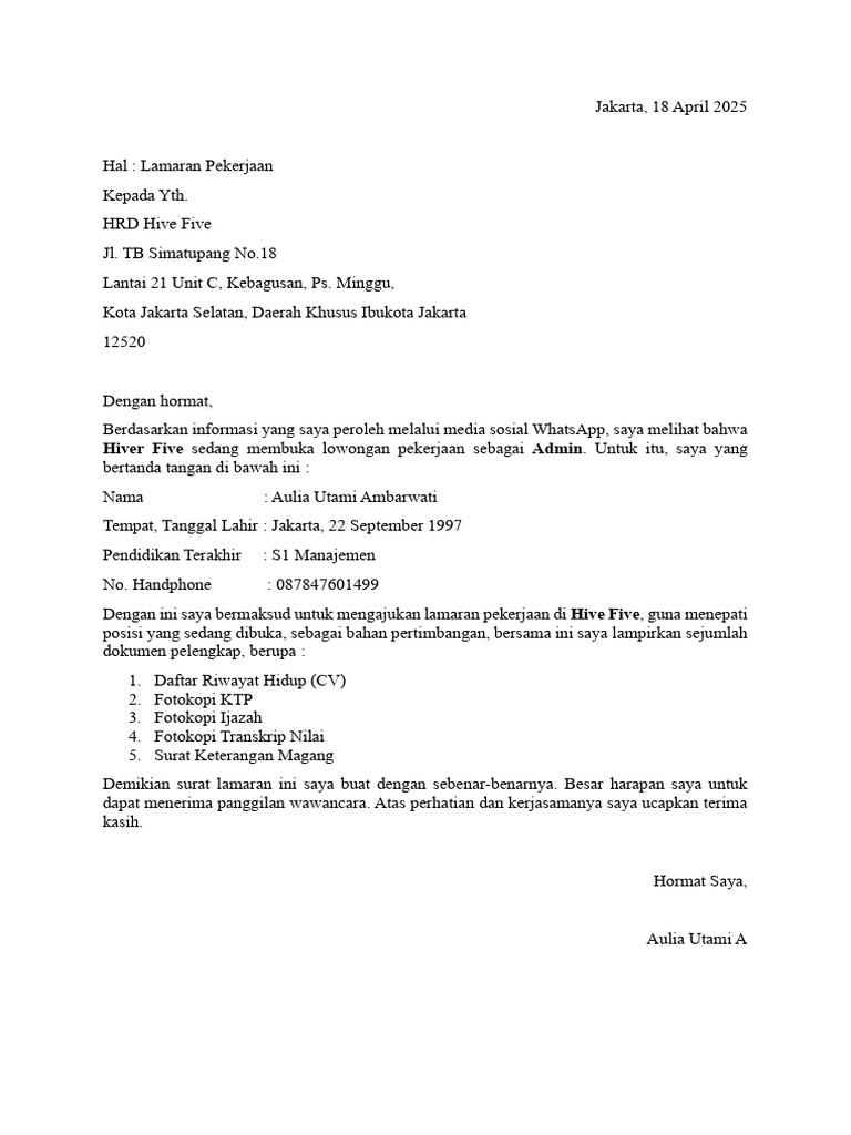 Surat Lamaran - Hive Five | PDF