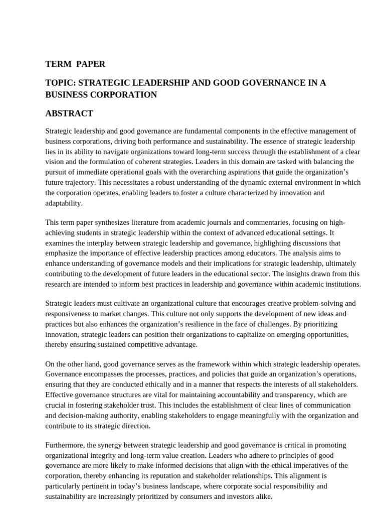 Term Paper Advanced Strategic Leadership | PDF | Governance | Strategic ...