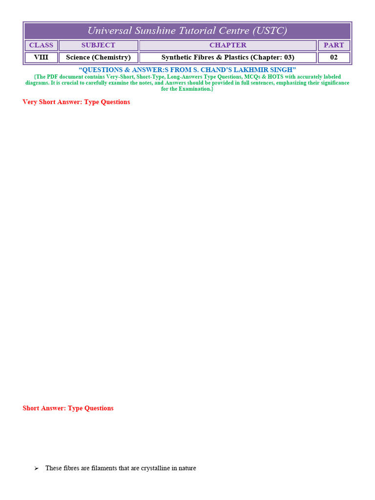 USTC Class 08 SCIENCE CHEM 03 Synthetic Fibres and Plastics Part 02 | PDF | Fibers | Thermoplastic