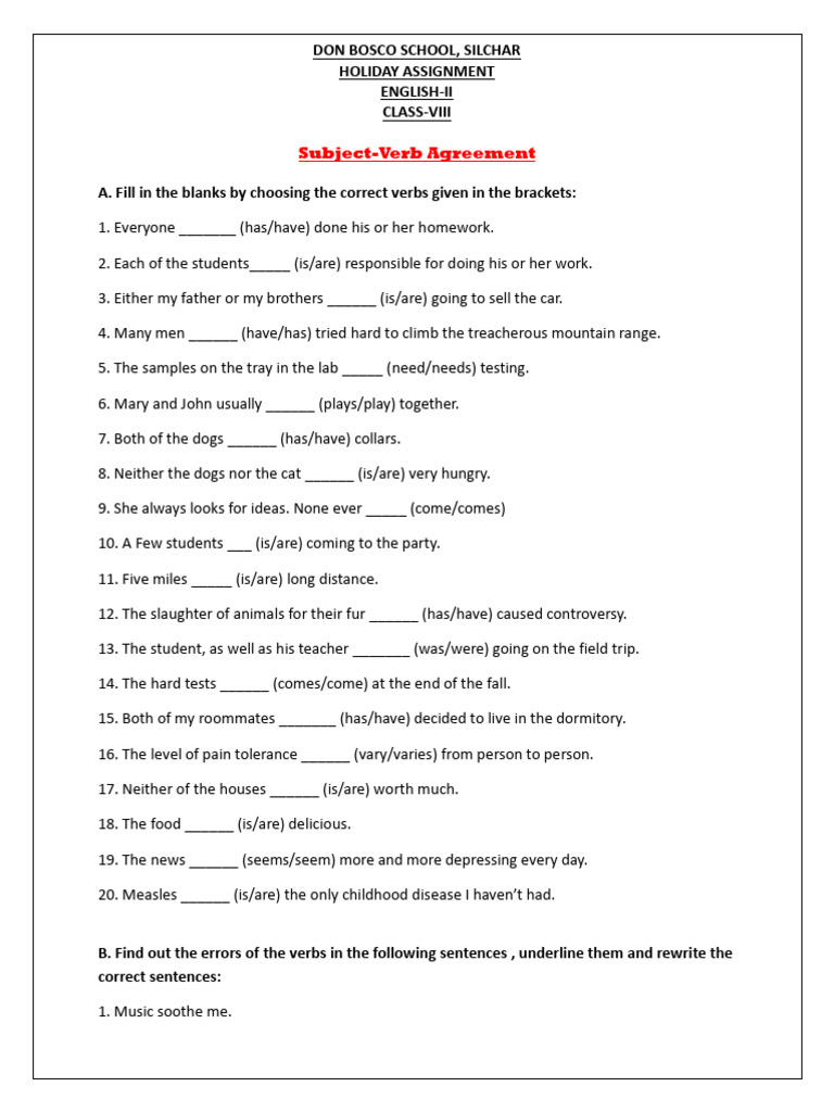 Holiday Assignment: Subject-Verb Agreement | PDF | Chess | Chess Theory