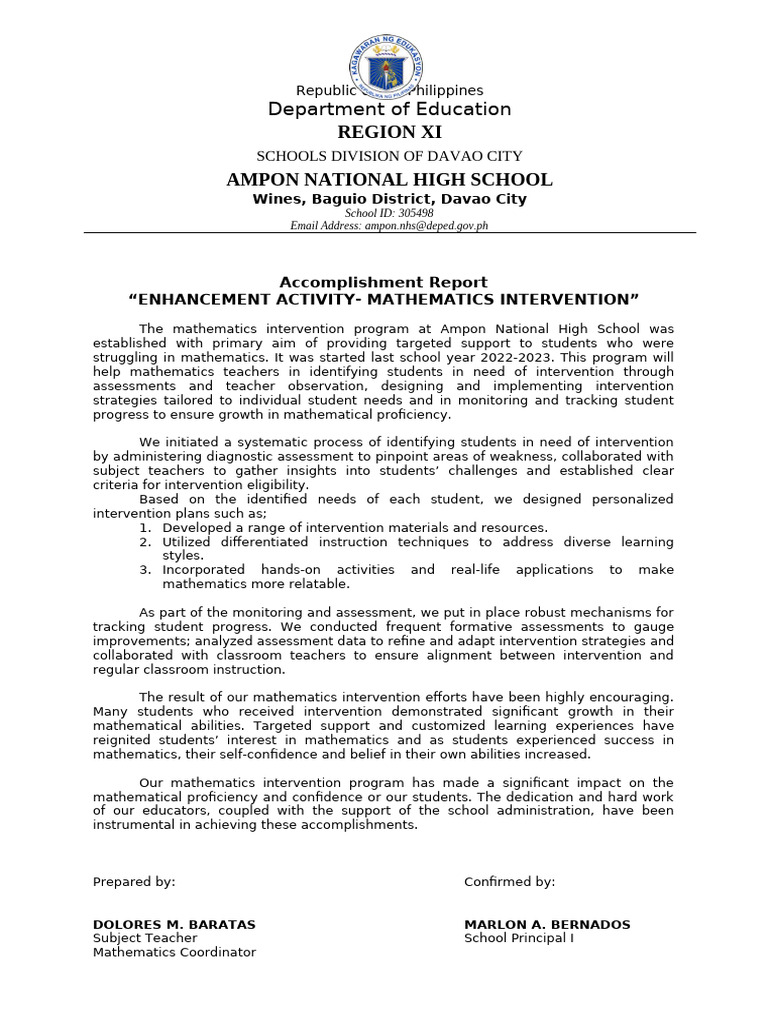 Accomplishment Report-Mathematics Intervention | PDF | Learning | Cognition