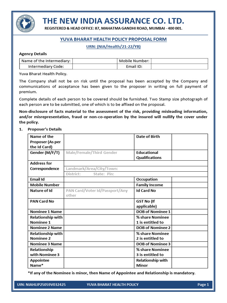 Proposal Form Yuva Bharat Health Policy-1 | PDF | Insurance | Financial ...