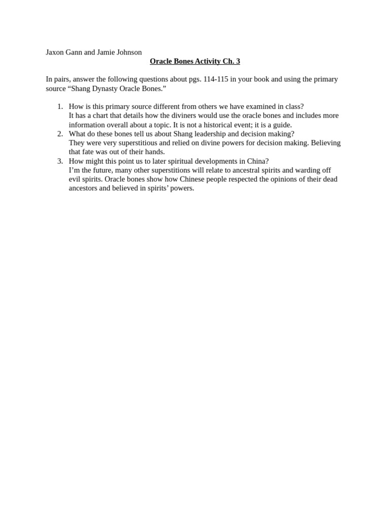 Oracle Bones Activity CH 3 | PDF