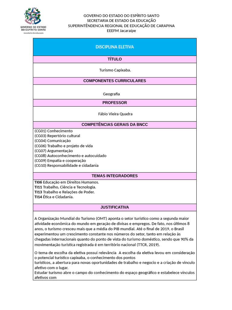 Modelo Ementa Eletiva 2024 | PDF | Turismo | Estado