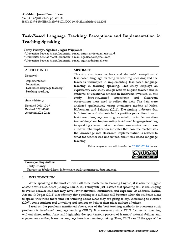 Task-Based Language Teaching Perceptions and Implementation in Teaching Speaking | PDF ...