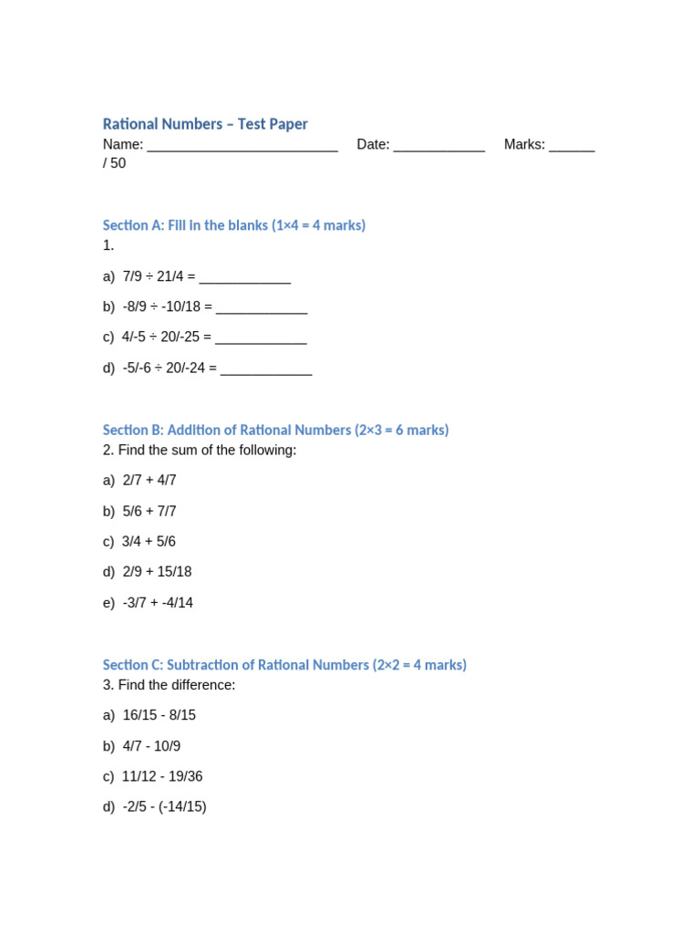 Rational Numbers Test Paper | PDF