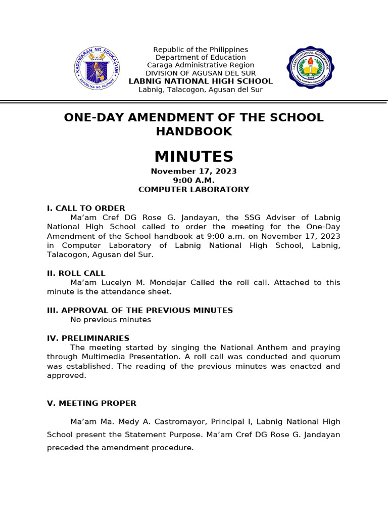 One-Day School Handbook Amendment | PDF | Extortion | Theft