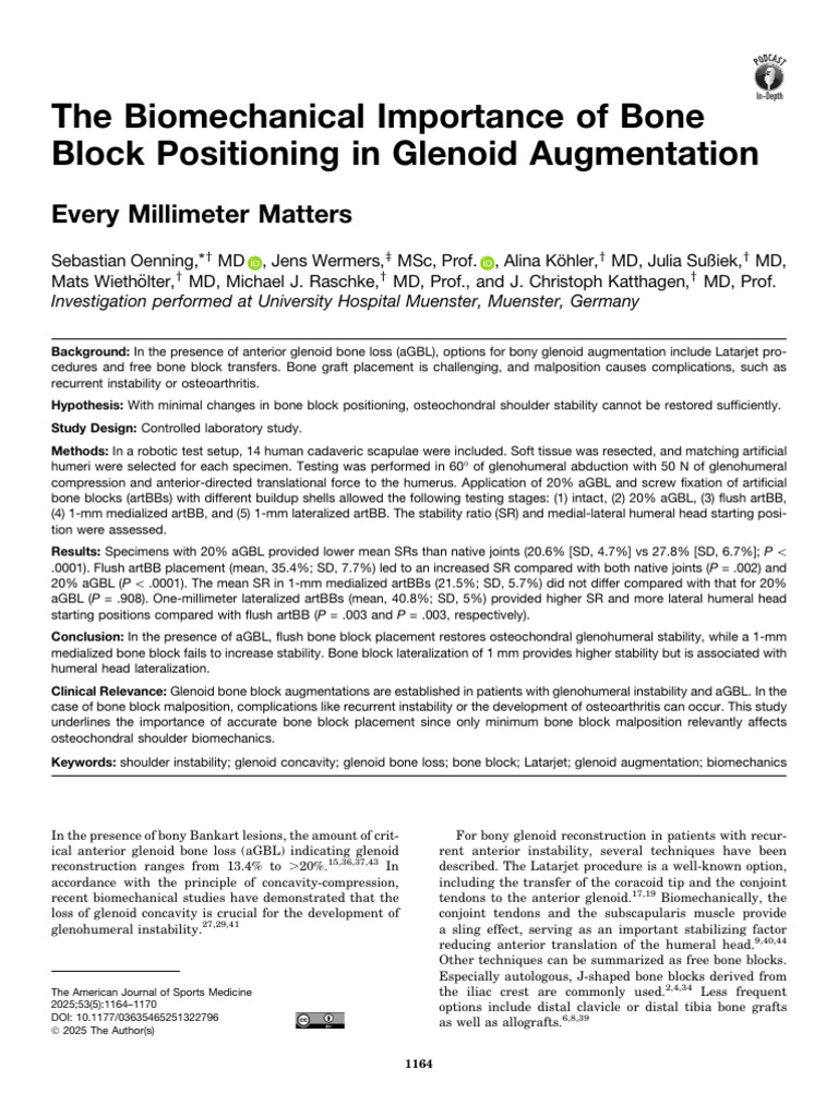 The Biomechanical Importance of Bone Block Positioning in Glenoid ...