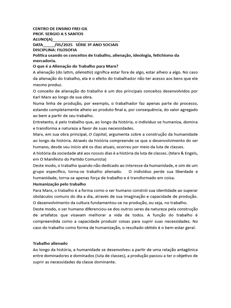 Alienação do Trabalho em Marx: Conceitos Chave | PDF | Karl Marx ...