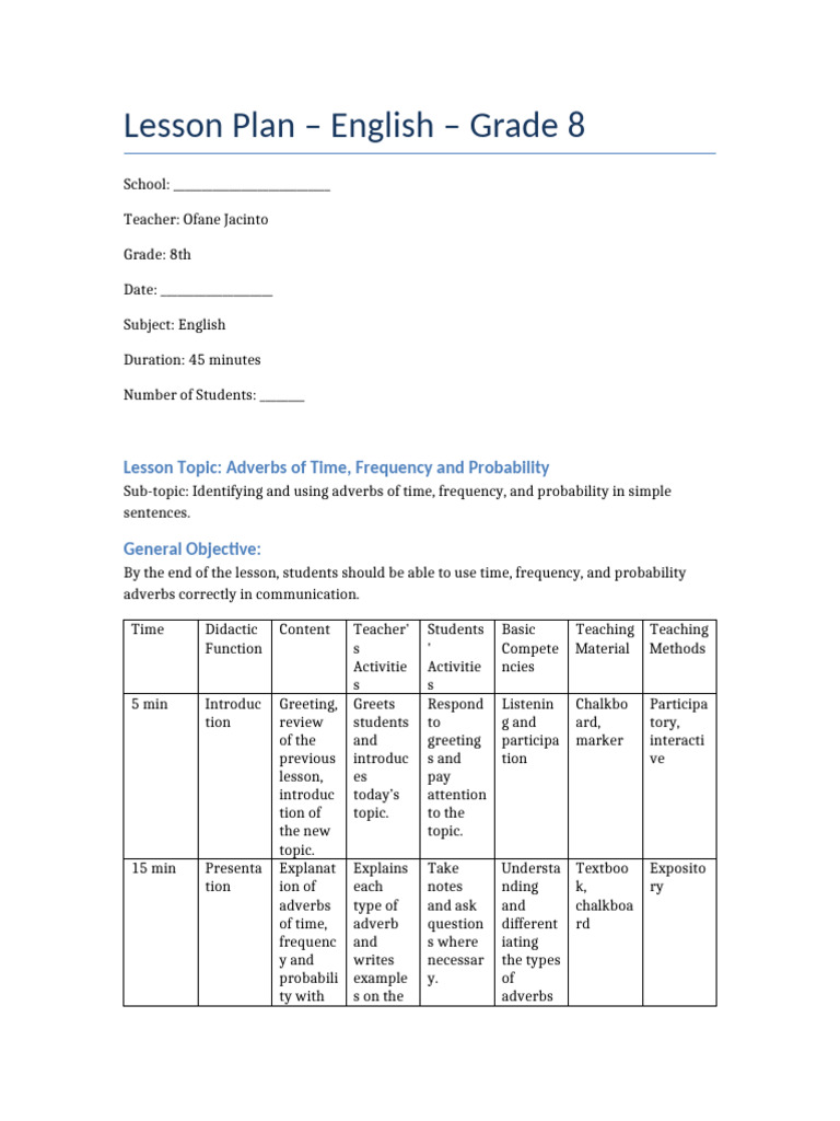 English Lesson Plan Grade8 Adverbs | PDF | Lesson Plan | Linguistics