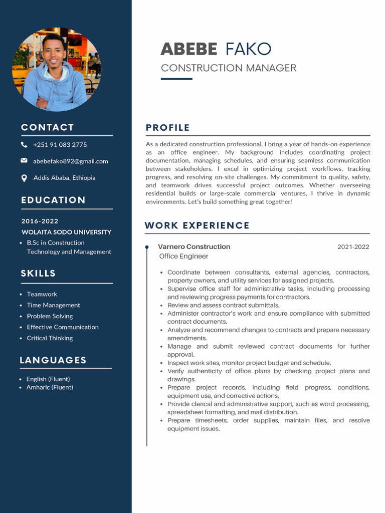 Abebe Fako Professional CV Resume | PDF