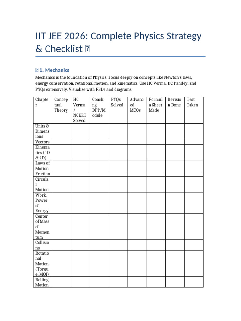 IIT JEE 2026 Physics Strategy Checklist | PDF | Optics | Physics