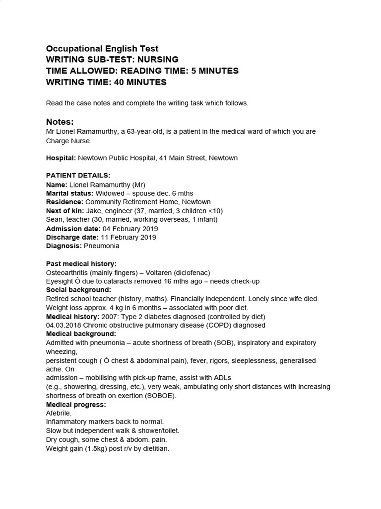 MR Lionel Ramamurthy Oet Nursing Writing Task Sample | PDF | Pneumonia | Clinical Medicine