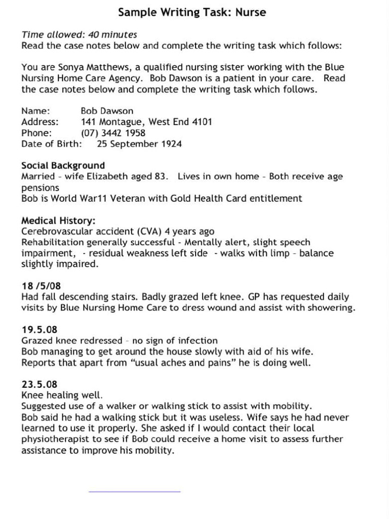 Bob Dawson Oet Writing Task Sample Questions Nurse | PDF