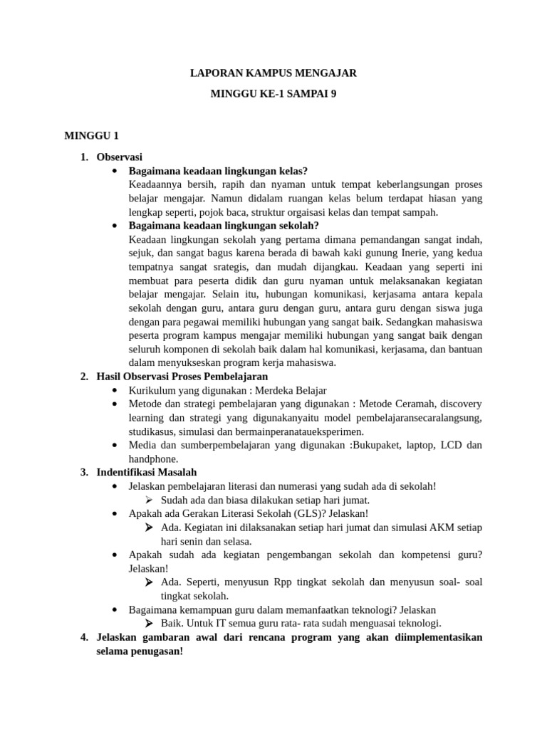Laporan Kampus Mengajar Minggu 1-9 | PDF