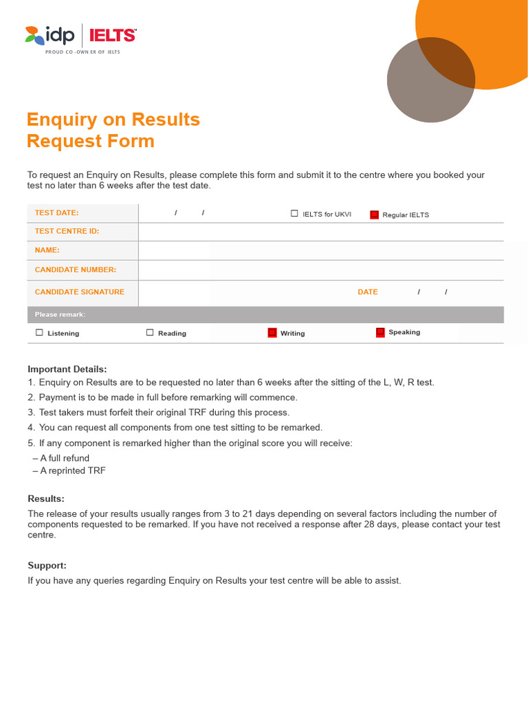 Enquiry On Results Request Form: Test Date: Test Centre Id: Name ...