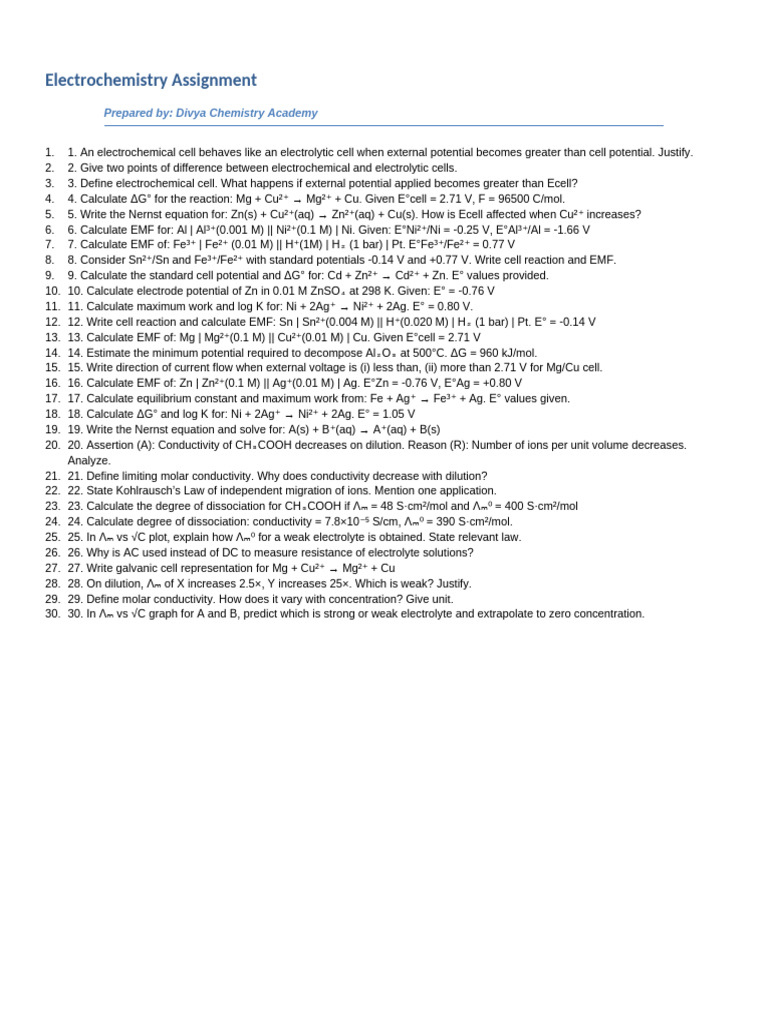 Electrochemistry Assignment DivyaChem SinglePage | PDF | Electrochemistry | Electromagnetism