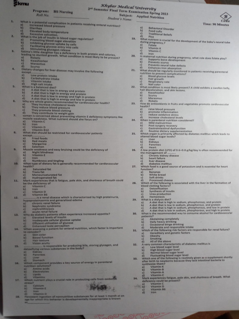 Applied Nutrition 2024 Paper BSN 2nd Semester | PDF