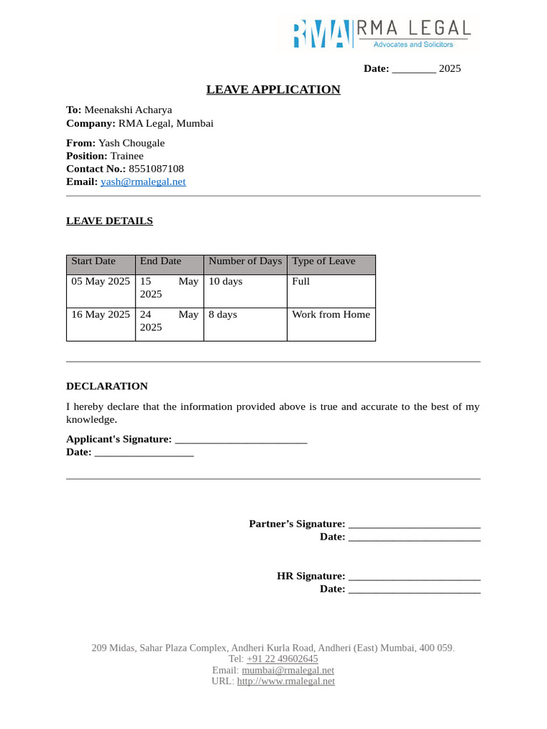 Leave Form - Yash Chougale | PDF
