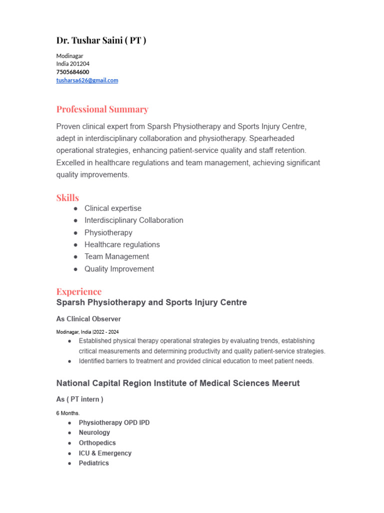 Dr. Tushar Saini Rresume | PDF | Physical Therapy | Health Economics