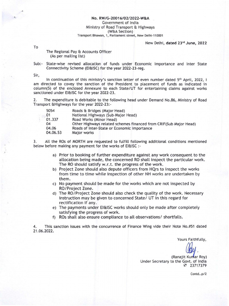 State-Wise Revised Allocation of Funds Under Economic Importance and Inter State Connectivity ...