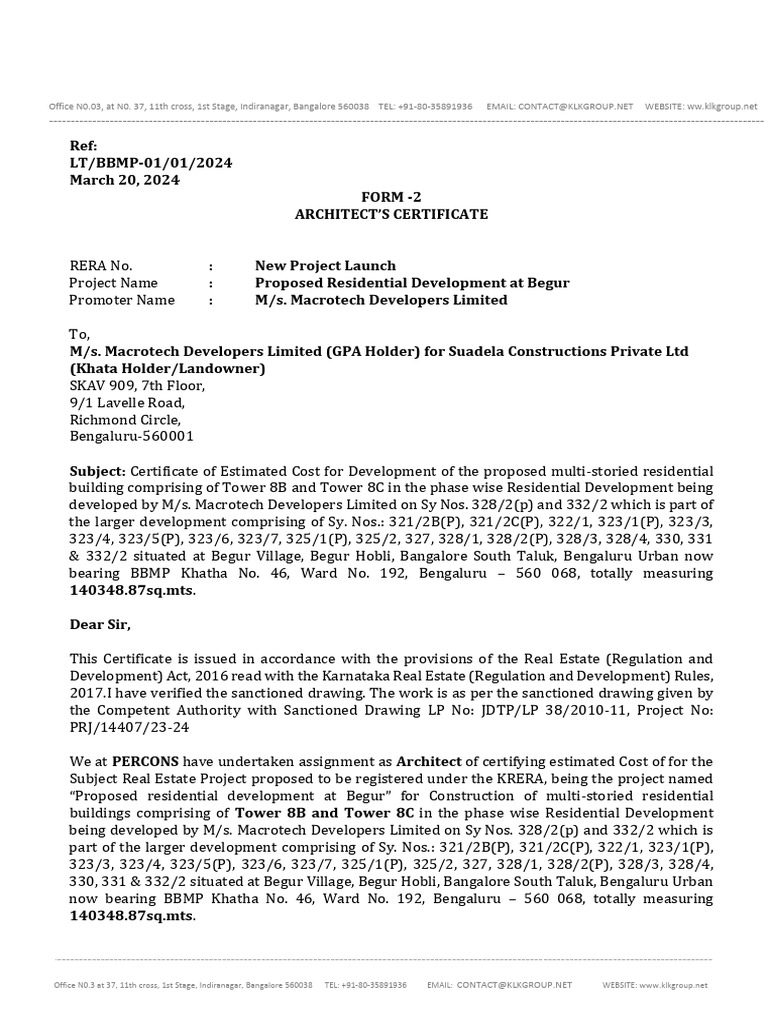 Architects Certificate Towers B C | PDF | Bangalore | Local Government