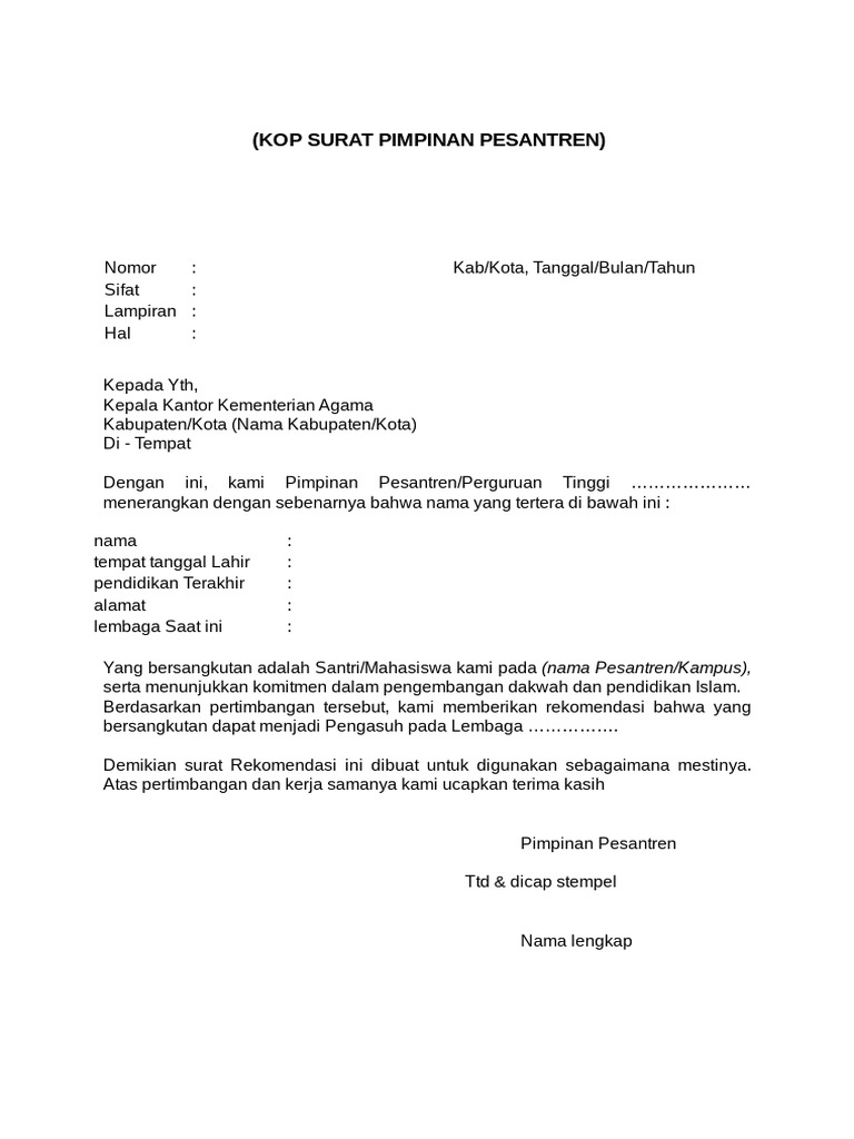 Surat Rekomendasi Santri Pesantren | PDF