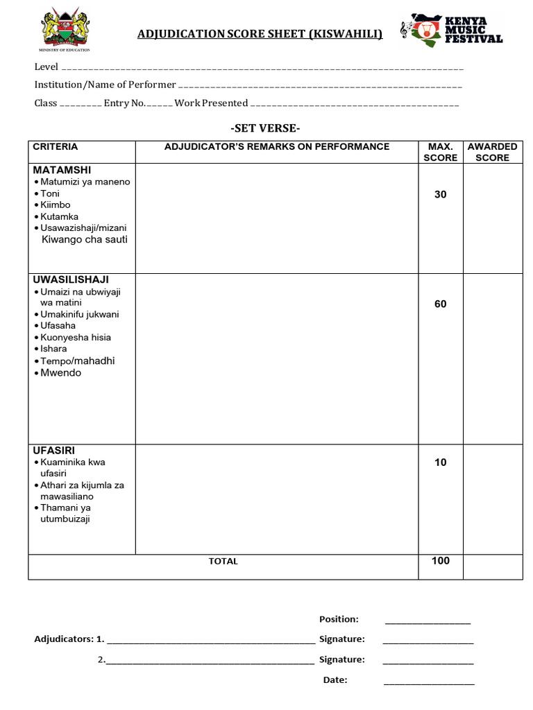 Adjudication Score Sheet For Kiswahili | PDF