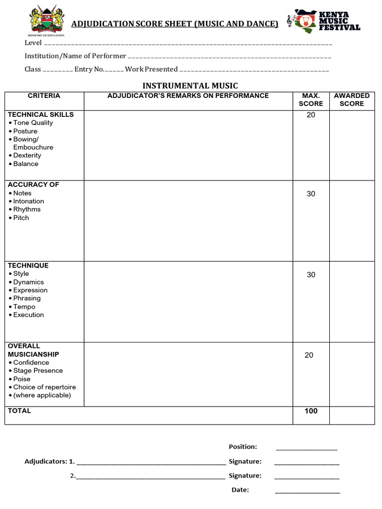 Adjudication Score Sheet for Music & Dance | PDF | Rhythm | Dances