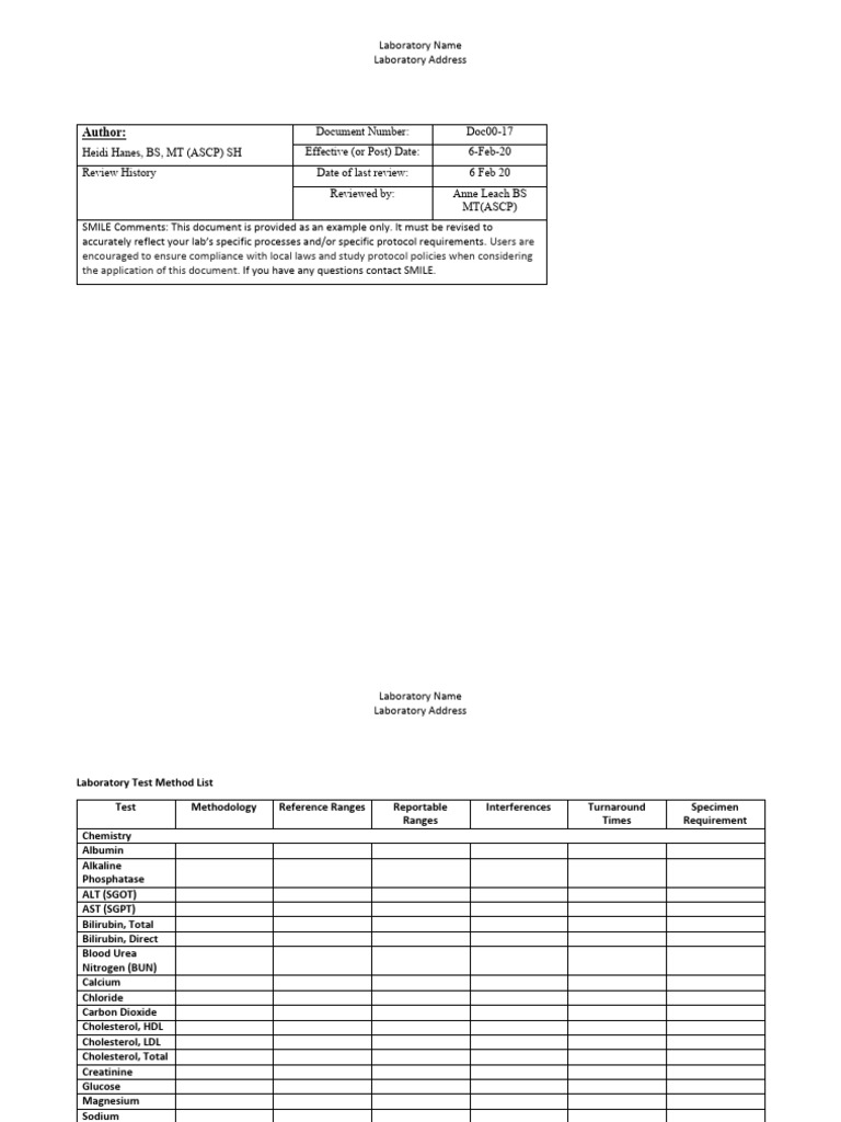 Laboratory Test Method List Example | PDF | Blood | Tissue (Biology)