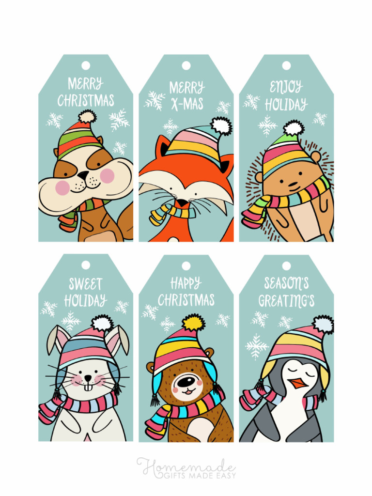 Printable Christmas Tags Cute Animals Winter Hats Scarfs Bright ...