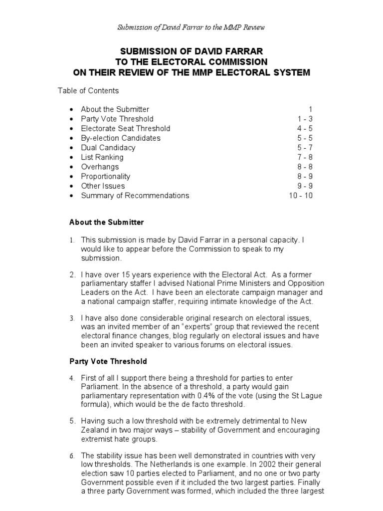 David Farrar's MMP Review Submission | PDF | Member Of Parliament | Voting
