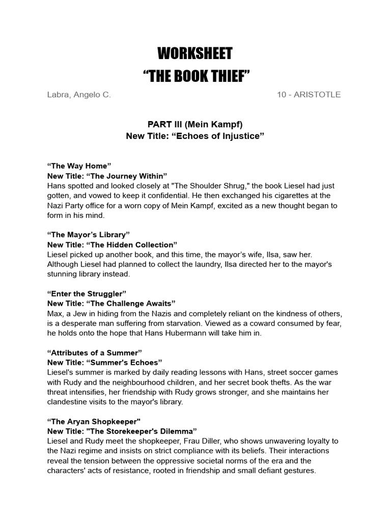 Worksheet - The Book Thief | PDF | Nazism | Love