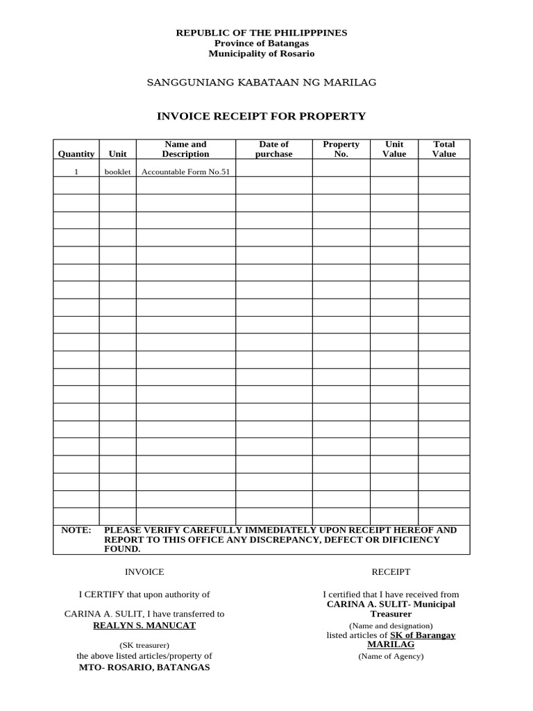Invoice Receipt for SK Property Batangas | PDF