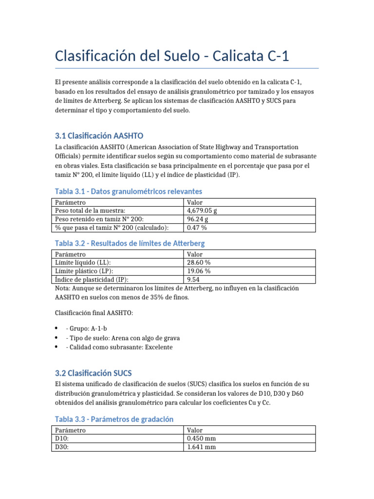 Informe Clasificacion Suelo Calicata C1 | PDF | Plasticidad (Física) | Física Aplicada e ...