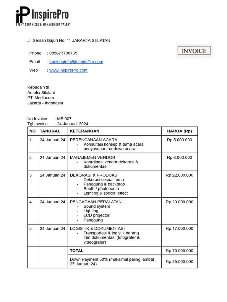 Invoice Kegiatan Event Organizer ME 007 | PDF