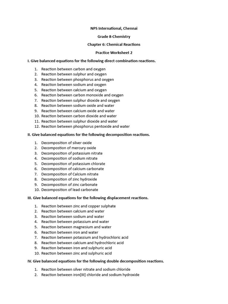 Grade 8 Chemistry - CH 6 - Chemical Reactions - Practice WS 2 - 2024-25 ...