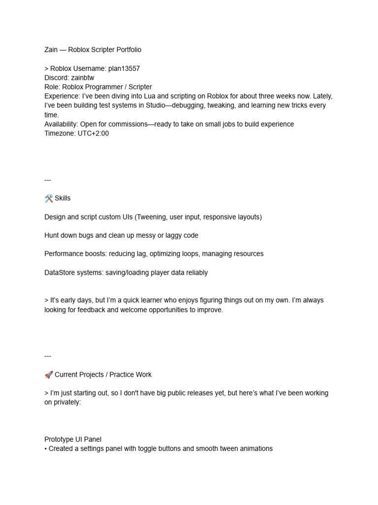 Zain - Roblox Scripter Portfolio | PDF